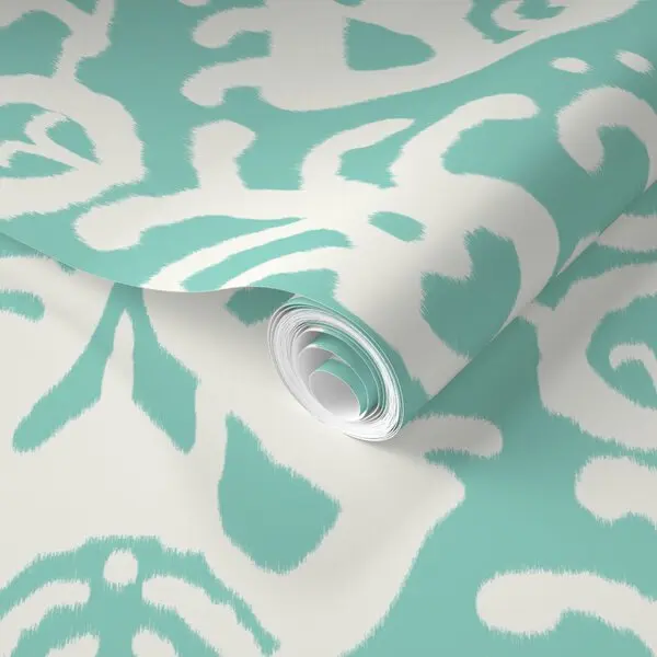Spoonflower Mint Ikat Turquoise Blue Beach Beachy Summer Traditional Wallpaper - Green,white,teal