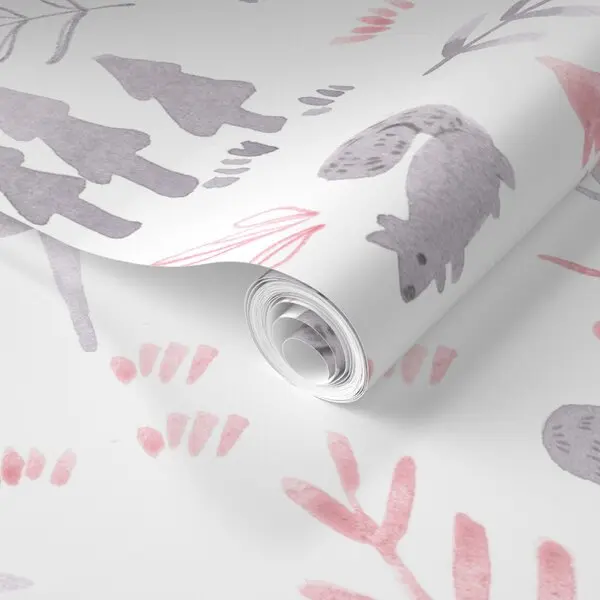 Spoonflower Pink Grey Deer Bear Nursery Watercolor Custom Pre-pasted Wallpaper - White,red,gray