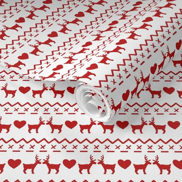 Spoonflower Red Christmas Heart Reindeer Nordic Stitch Custom Pre-pasted Wallpaper - White,red,brown