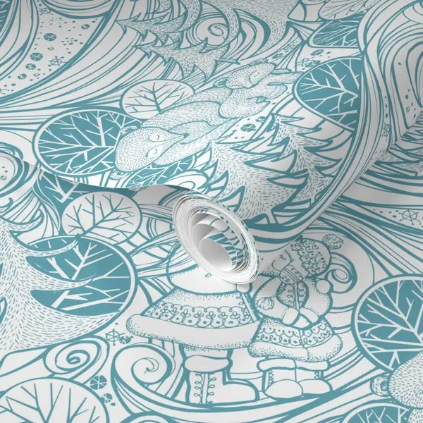 Spoonflower Winter Toile De Jouy Custom Pre-pasted Wallpaper - Blue