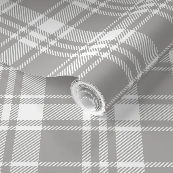 Spoonflower Fall Plaid Grey And White Tartan Little Arrow Custom Removable Wallpaper - Gray