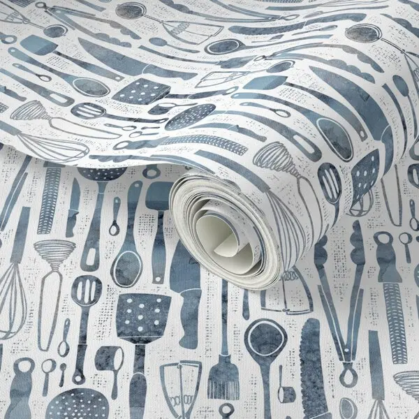 Spoonflower Blue Watercolor Texture Mask Whisk Chef Tools Custom Pre-pasted Wallpaper - White,blue,gray