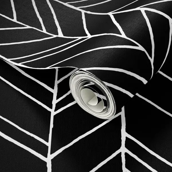 Spoonflower Chevron Herringbone Black White Modern Feather Traditional Wallpaper - Black,white,gray