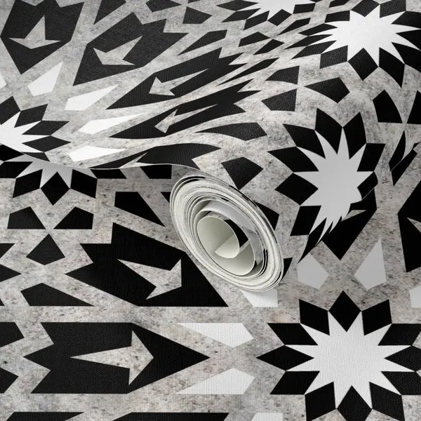 Spoonflower Bohemian Geometric Tiles Modern Black And White Custom Removable Wallpaper - Brown,gray
