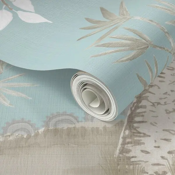 Spoonflower Grey Citrus Taupe Large Scale Chinoiserie Grove Custom Pre-pasted Wallpaper - Green,gray
