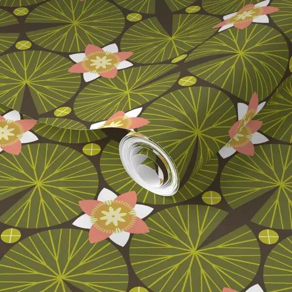 Spoonflower Waterlily Lotus Lily Pad Leaves Pond Traditional Wallpaper - Green,beige,orange