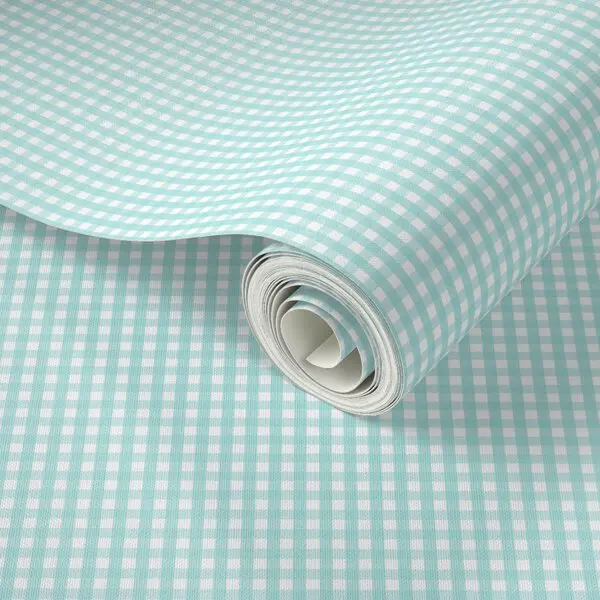 Spoonflower Blue Teal Turquoise Gingham Aqua Check Custom Pre-pasted Wallpaper - Turquoise,teal,white