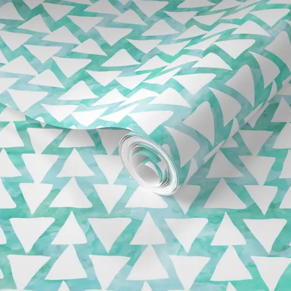 Spoonflower Teal Green Triangles Geometric Watercolor Custom Removable Wallpaper - Turquoise,teal,white