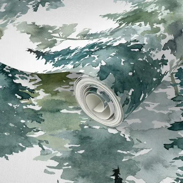 Spoonflower Woodland Pine Trees White Winter Christmas Snowy Custom Removable Wallpaper - White,green,mint