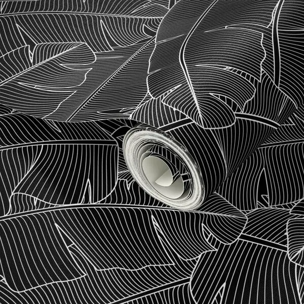 Spoonflower Banana Palm Leaves Black White Forest Tropical Custom Pre-pasted Wallpaper