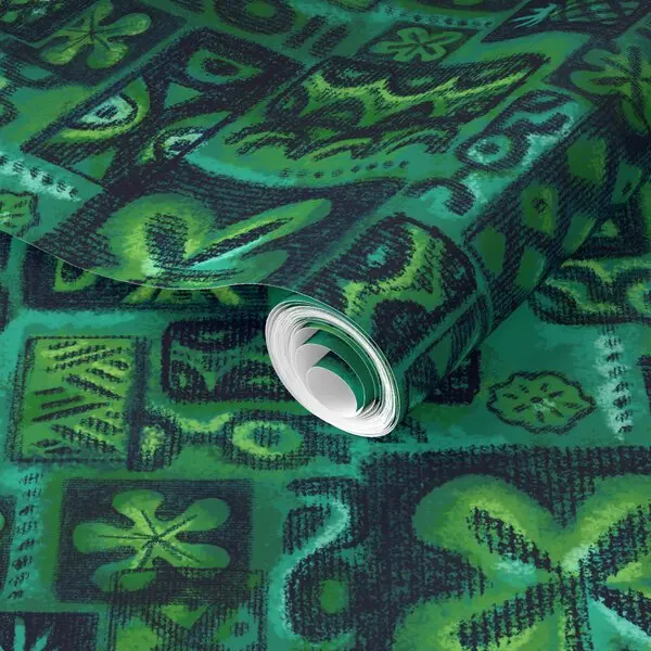 Spoonflower Green Flowers Blue Emerald Waves Retro Tiki Custom Removable Wallpaper - Green,turquoise,blue