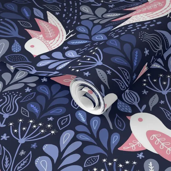 Spoonflower Birds Heads Leaves Autumn Fall Flying Blue Traditional Wallpaper - Blue,pink