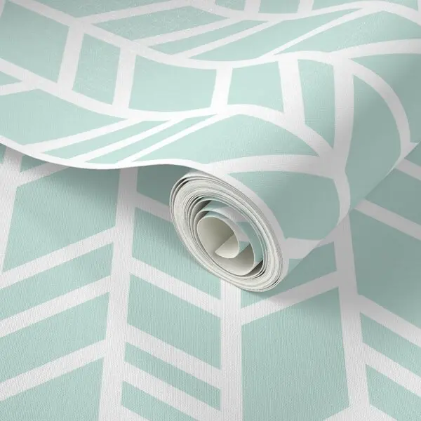 Spoonflower Herringbone Mint Village Feathers Ivory Bohemian Custom Pre-pasted Wallpaper
