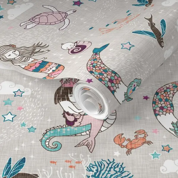 Spoonflower Mermaid Teal Autumn Fall Seahorse Moon Ocean Custom Removable Wallpaper - White,blue,gray
