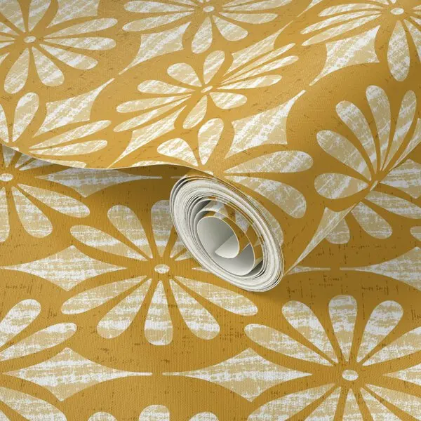 Spoonflower Vintage Yellow Retro Geometric Spring Summer Geo Custom Pre-pasted Wallpaper - Brown,beige