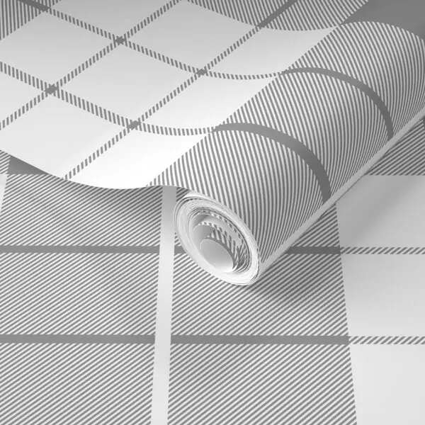 Spoonflower Traditional Plaid White Tartan Preppy Gray Silver Custom Removable Wallpaper - Gray,white
