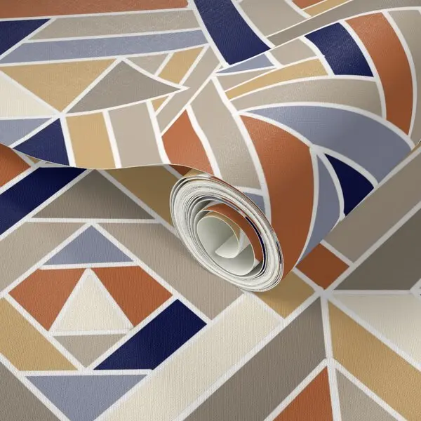 Spoonflower Vintage Diamonds Blue Orange Grey Modern Geometric Custom Pre-pasted Wallpaper - Gray,blue,white