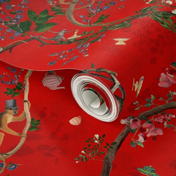 Spoonflower Jungle Monkey Red Floral Forest Chinoiserie Custom Pre-pasted Wallpaper - Red,black,beige