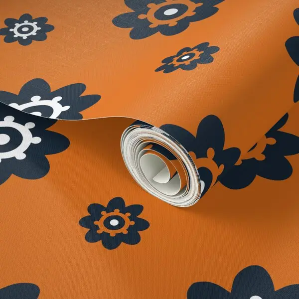 Spoonflower Burnt Orange With Dark Flower Motif Custom Pre-pasted Wallpaper - Orange,black,white