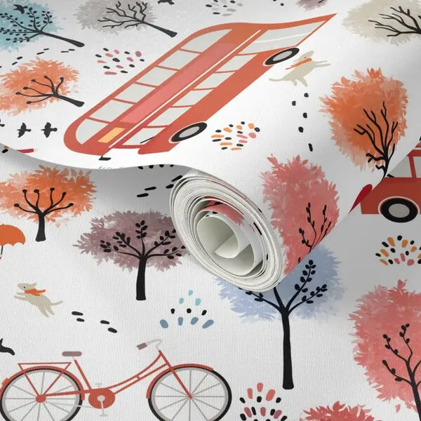 Spoonflower London British Four Wheels Cab Red Bus Bicycle Custom Pre-pasted Wallpaper - Gray,red