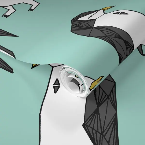 Spoonflower Penguin Pingu Bird Penguins Mint Custom Pre-pasted Wallpaper - Blue,gray,teal