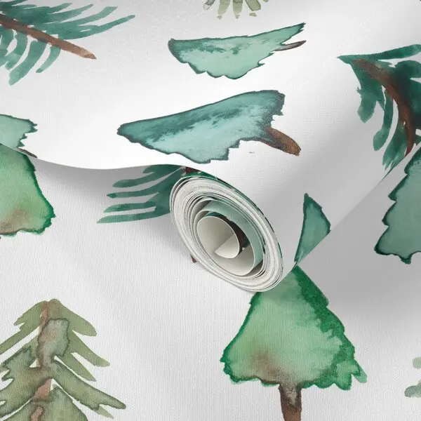 Spoonflower Green Christmas Trees Forest Tree Fir Woodland Custom Pre-pasted Wallpaper - White,green,mint