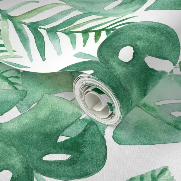 Spoonflower Tropical Jungle White Green Leaves Nature Leaf Custom Pre-pasted Wallpaper - Green,white,mint