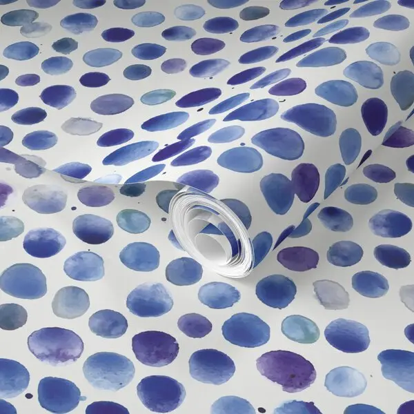 Spoonflower Watercolor Dots Blue Dot Abstract Art Circle Custom Pre-pasted Wallpaper - Blue,white,gray