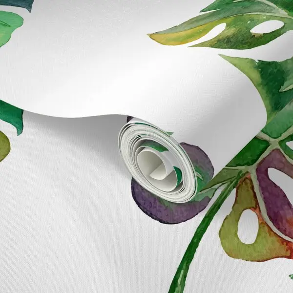 Spoonflower Tropical Island Palms Palm Leaves Watercolor Custom Pre-pasted Wallpaper