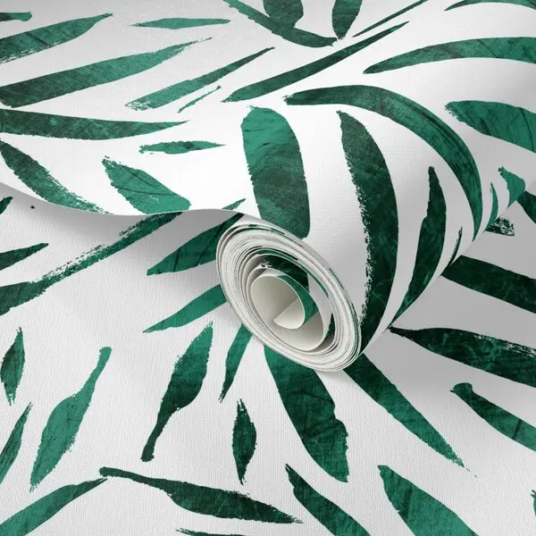 Spoonflower Brush Botanical Leaves Green Large Palm Tropical Custom Removable Wallpaper - Green,yellow,mint