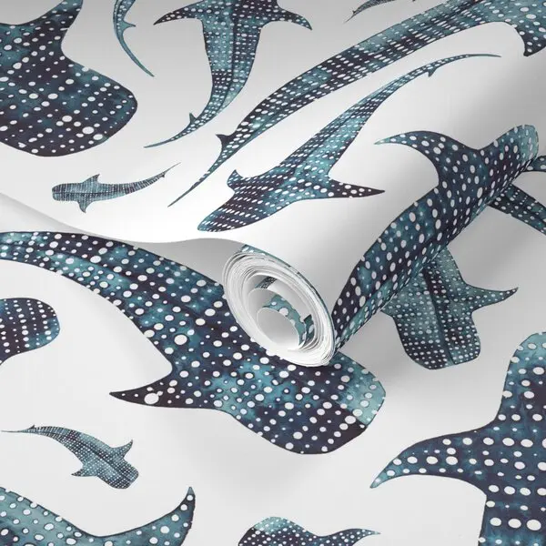 Spoonflower Whale Shark Blue Animal Swimming Navy Sea Ocean Custom Pre-pasted Wallpaper - Blue,white,gray