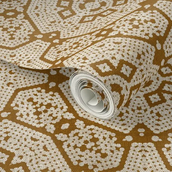 Spoonflower Geo Geometric Woven Texture Ochre Dot Custom Pre-pasted Wallpaper - Brown,beige