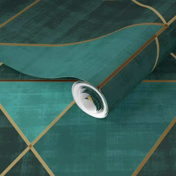 Spoonflower Mod Triangles Emerald Teal Geometric Abstract Gold Custom Pre-pasted Wallpaper