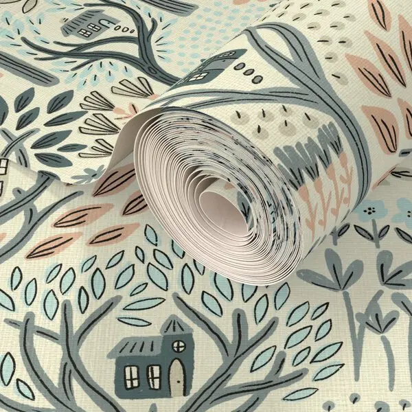 Spoonflower Acacia And Pink 100% Natural Sisal Grasscloth Wallcovering - Blue