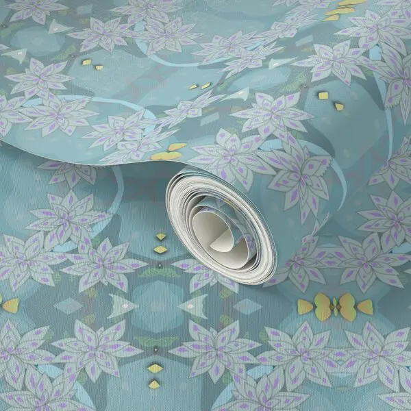 Spoonflower Grey And Blue Pattern Circles Flower Custom Pre-pasted Wallpaper - Blue,gray