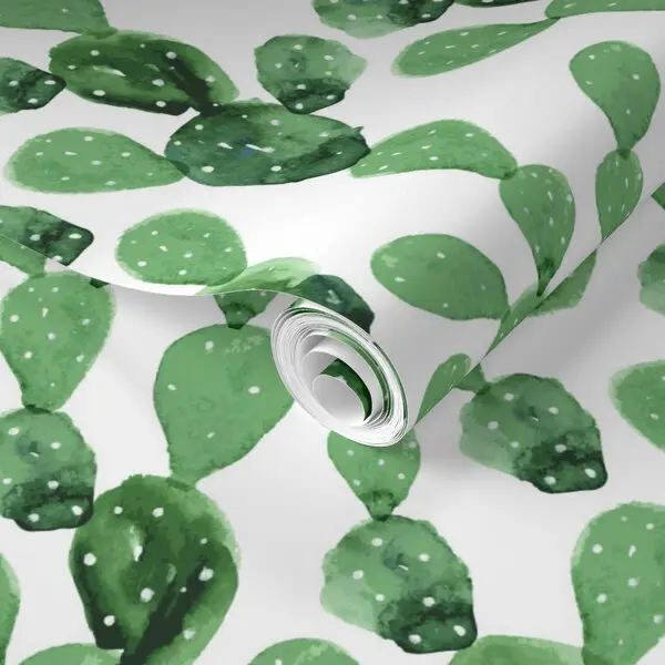 Spoonflower Green Modern Nursery Watercolor Cactus Desert Custom Removable Wallpaper - Green,white