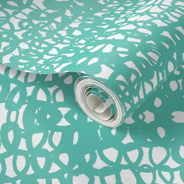 Spoonflower Loopy Freehand Cursive Color Spirit Custom Pre-pasted Wallpaper - Turquoise,white,blue