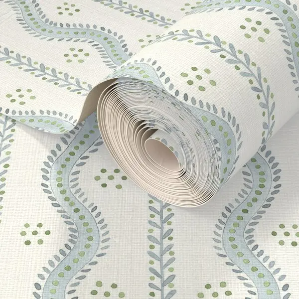 Spoonflower Andrew Stripe Soft Blue And Greens On White Cream1 100% Natural Sisal Grasscloth Wallcovering - Green