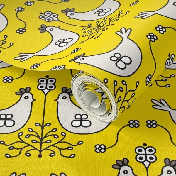 Spoonflower Folk Art Yellow Chicken Modern Farmhouse Bright Custom Pre-pasted Wallpaper - Yellow,brown,white
