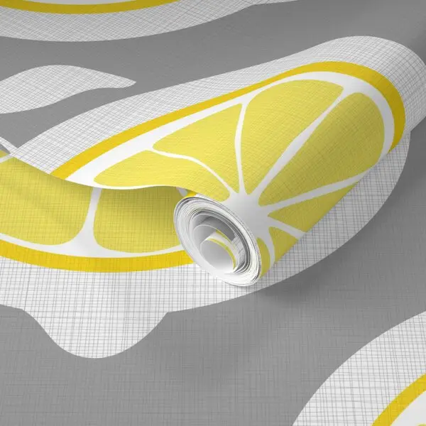 Spoonflower Yellow Lemon Grid Citrus Grey Lemonade Gray Summer Custom Pre-pasted Wallpaper