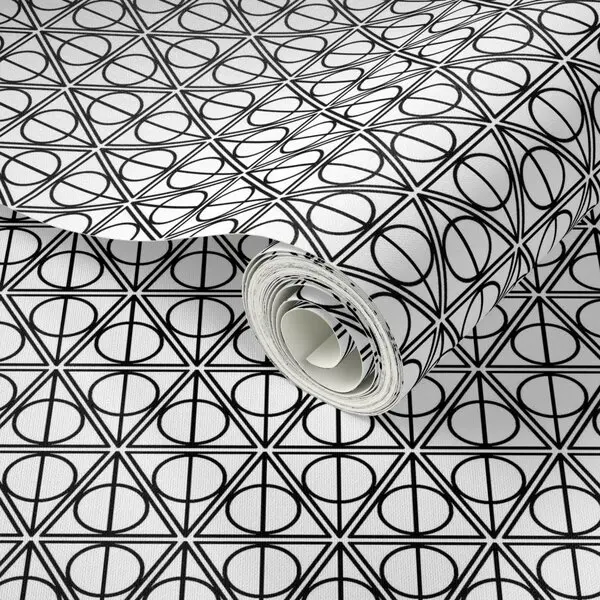 Spoonflower Black White Simple Circle Book All Over Hallow Custom Pre-pasted Wallpaper - Gray,white,black
