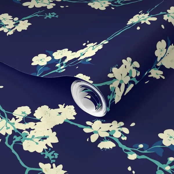 Spoonflower Flower Turquoise Japanese Spring Blossom Sakura Custom Removable Wallpaper - Sage,blue,green