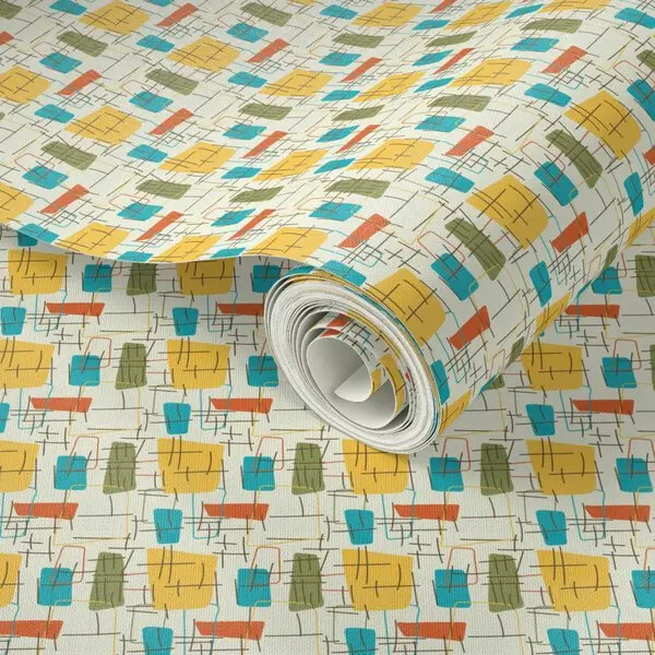 Spoonflower Fifties Mid Century Mod Geometric Yellow Custom Removable Wallpaper - Blue,yellow,sage