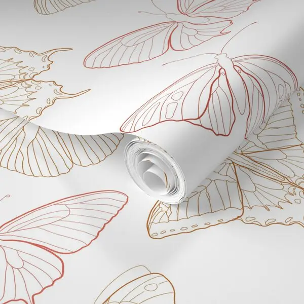 Spoonflower Pink Butterflies Animals Line Seasonal Lines Bugs Traditional Wallpaper - Gray,red