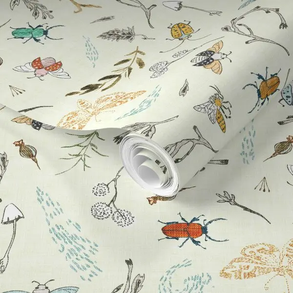 Spoonflower Butterfly Woodland Leaf Summer Insect Moth Stick Custom Pre-pasted Wallpaper - Green,gray