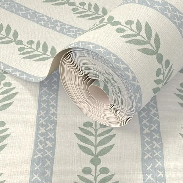 Spoonflower Georgiana In Soft Blue And Tree Green 100% Natural Sisal Grasscloth Wallcovering - Blue,green