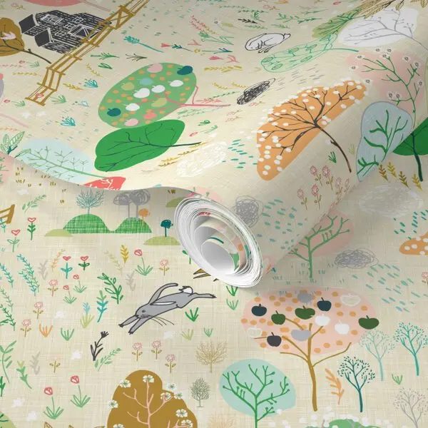 Spoonflower Apple Farm Fruit Orchard Sheep Trees Harvest Custom Removable Wallpaper - Green,mint,red