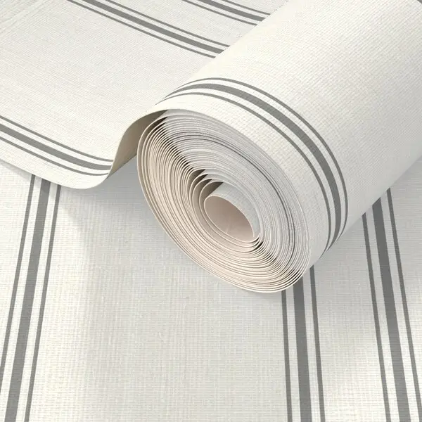 Spoonflower Gray Stripe Grey Stripes Farmhouse Ticking 100% Natural Sisal Grasscloth Wallcovering - White