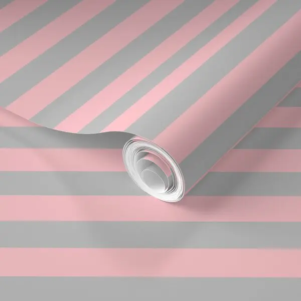 Spoonflower White Stripe Grey Stripes Custom Pre-pasted Wallpaper - Red,gray