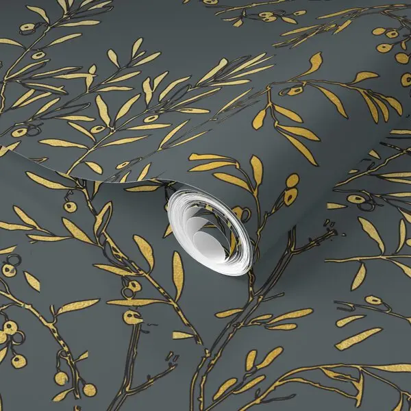 Spoonflower Gold Branches Grey Gray Olive Branch Tree Leaves Custom Removable Wallpaper